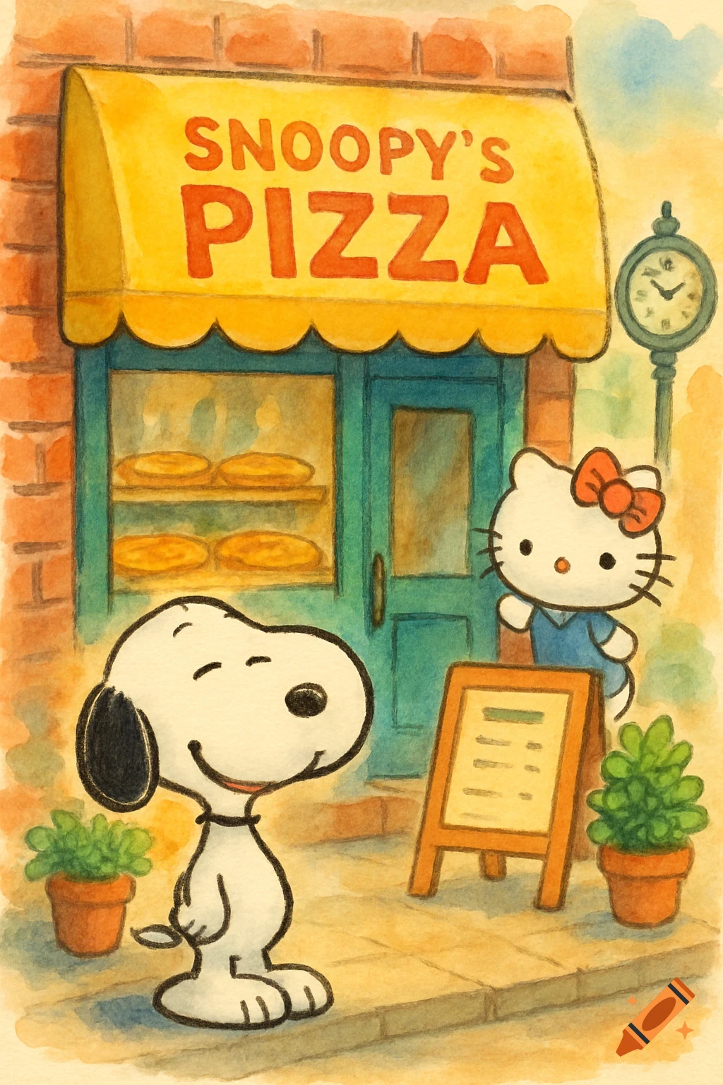 A watercolor painting of Snoopy and Hello Kitty outside "Snoopy's Pizza ...