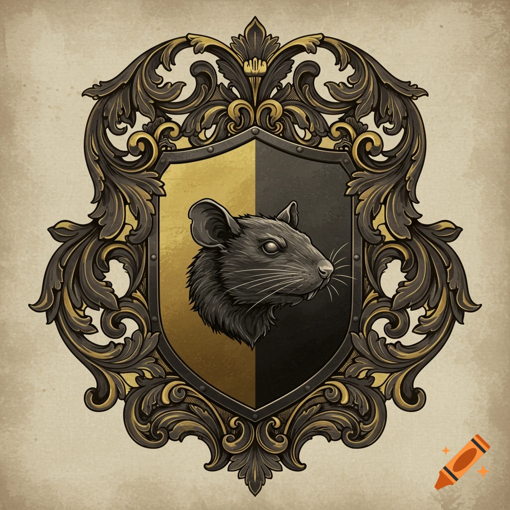 A baroque style heraldic crest with a black and gold shield featuring a ...