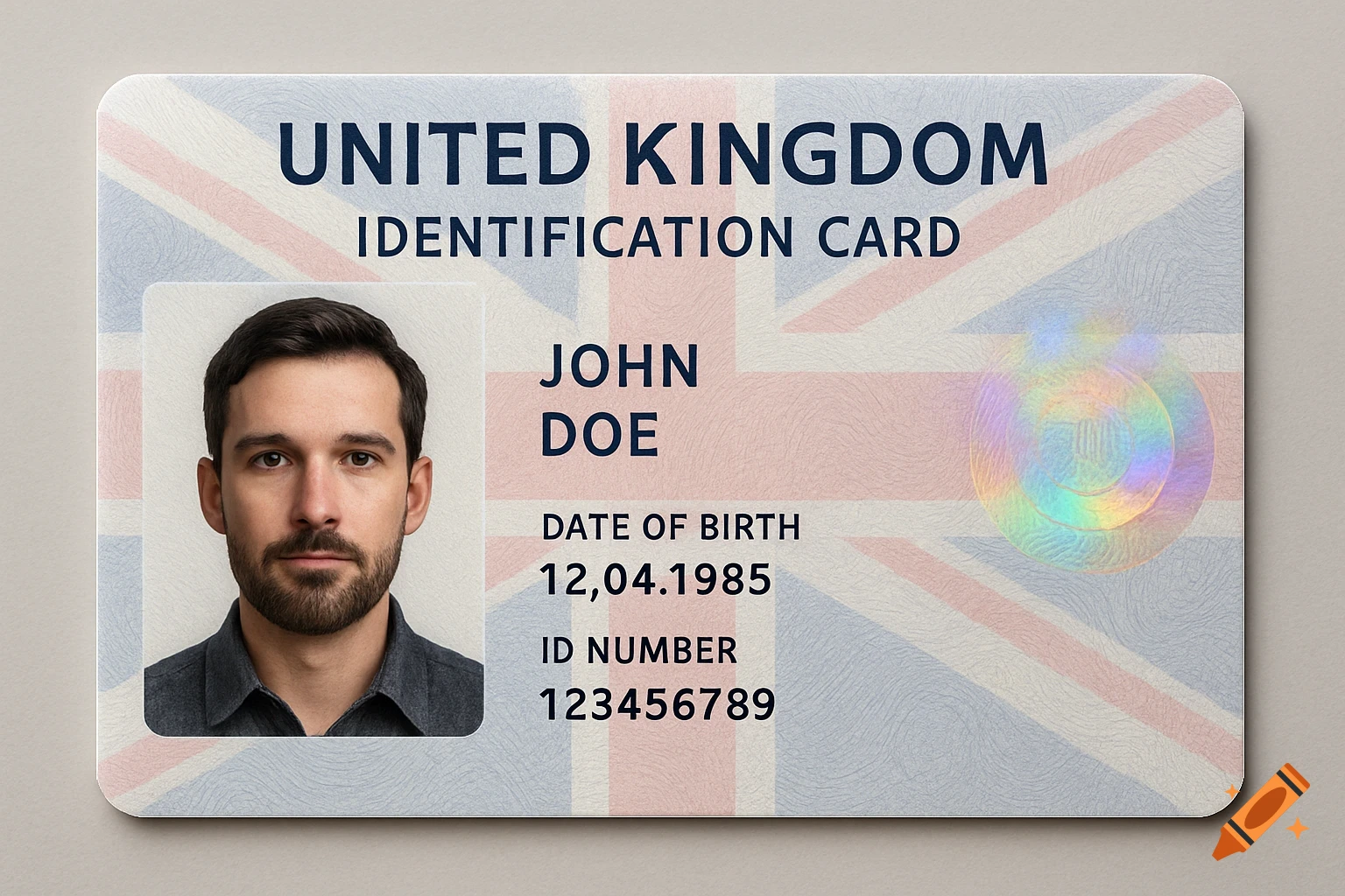 A realistic United Kingdom identification card with a photo of a man ...