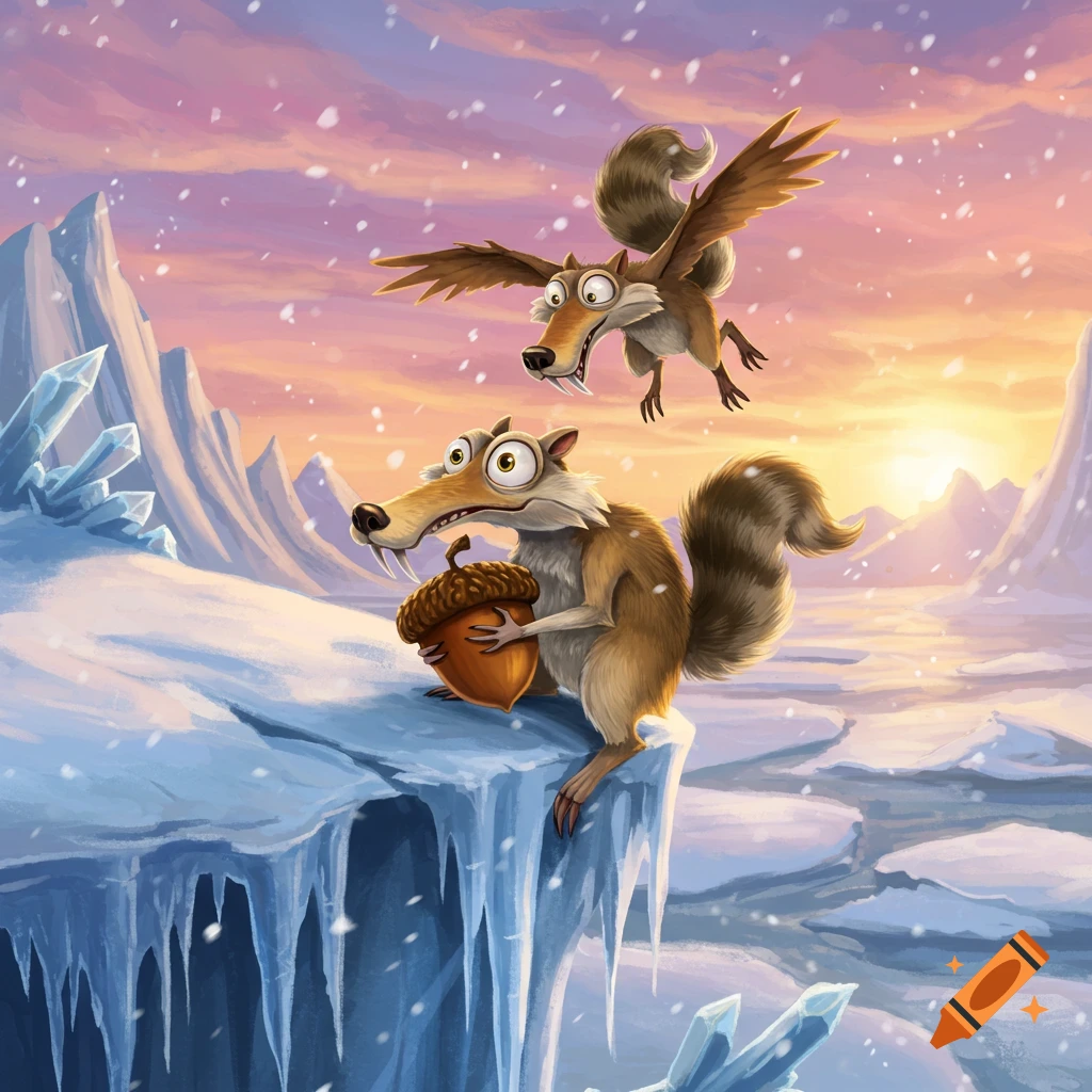 Scrat from Ice Age holds an acorn while looking at Stitch in a snowy ...