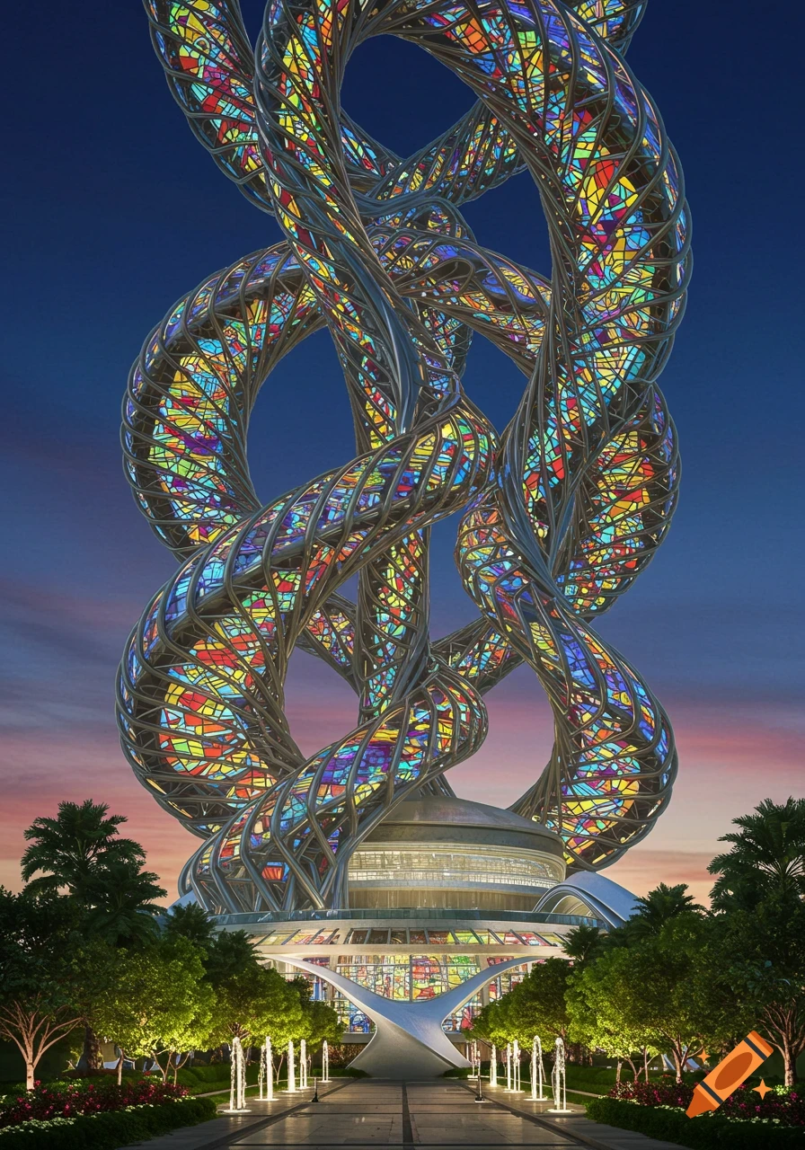 A large, colorful futuristic waterpark structure with multiple slides ...