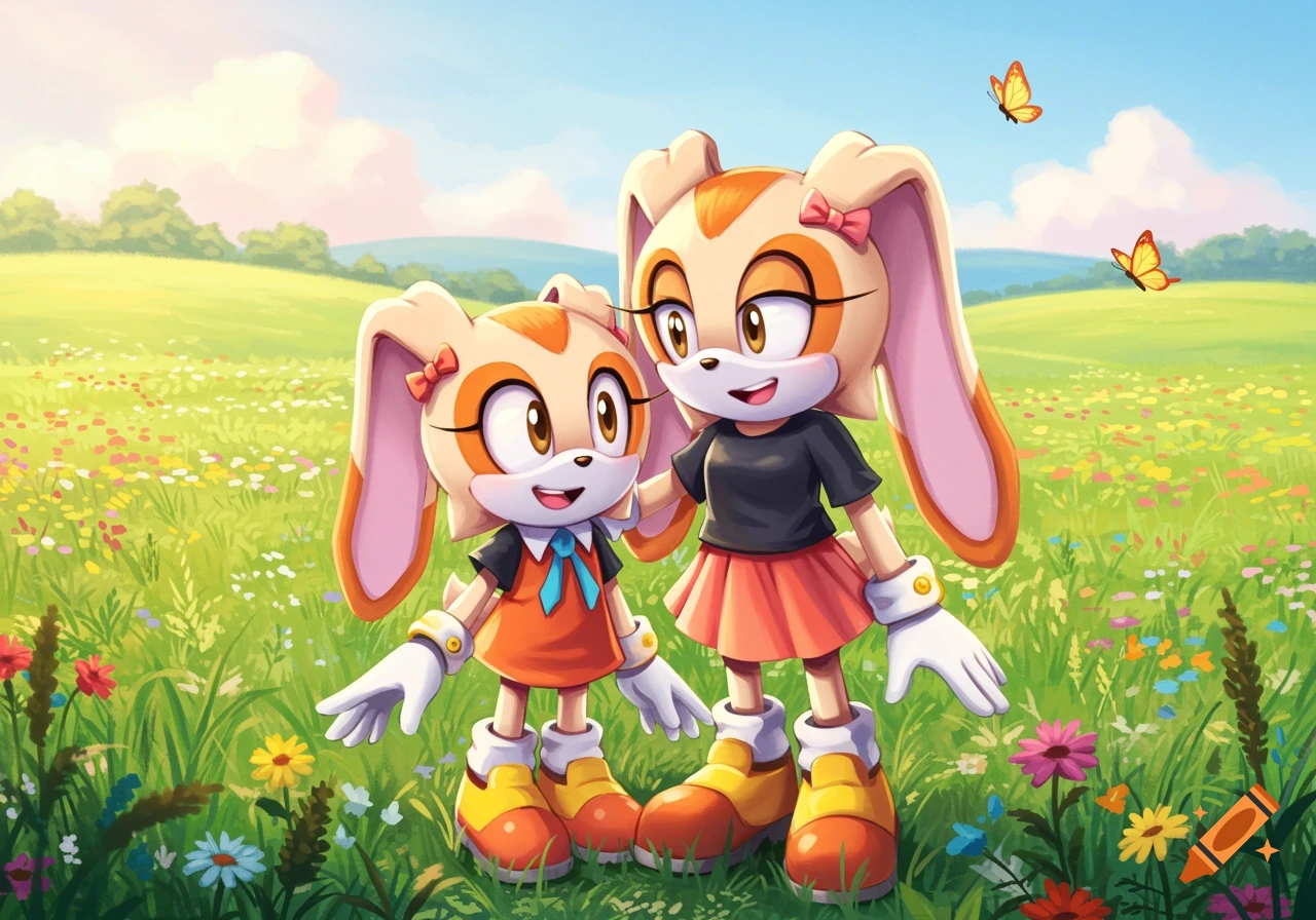 Cream the Rabbit sits on a boy's shoulders under an autumn tree ...