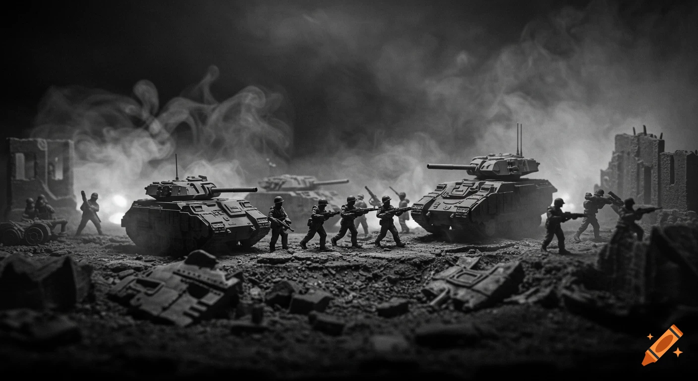 Black and white photo of miniature tanks and soldiers advancing through a smoke-filled, war-torn ...