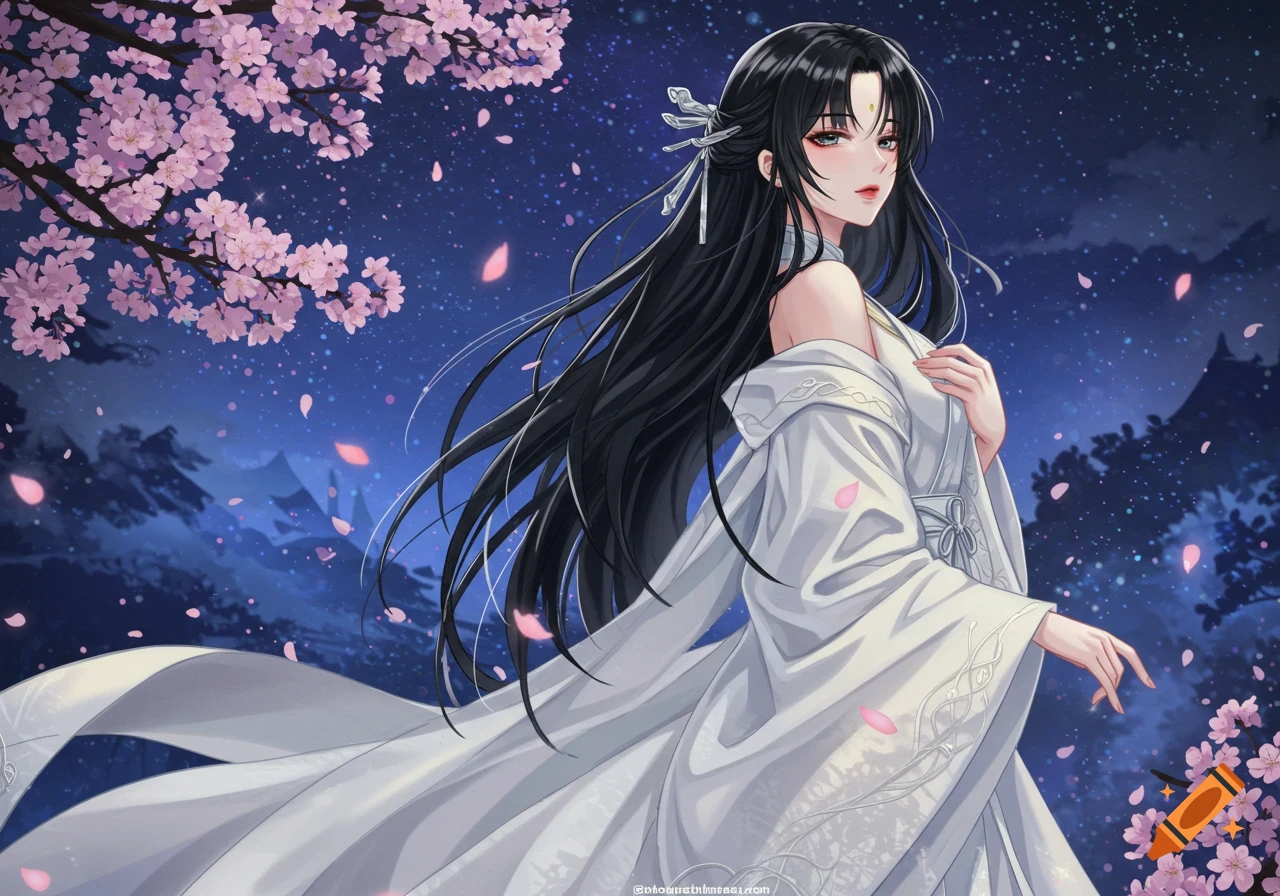 An anime-style woman with long black hair and white traditional ...