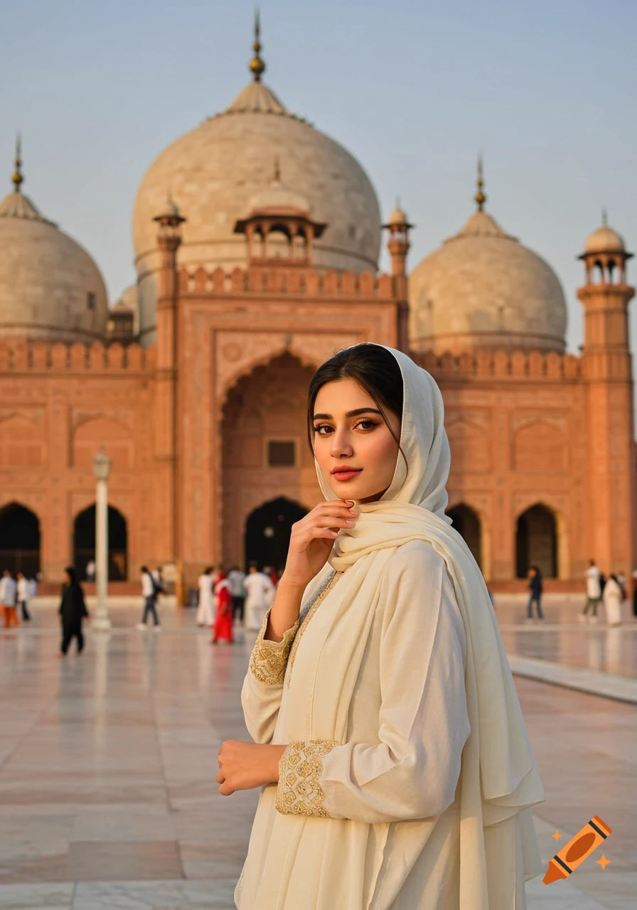A fair-skinned Pakistani woman in a white hijab and abaya, standing ...
