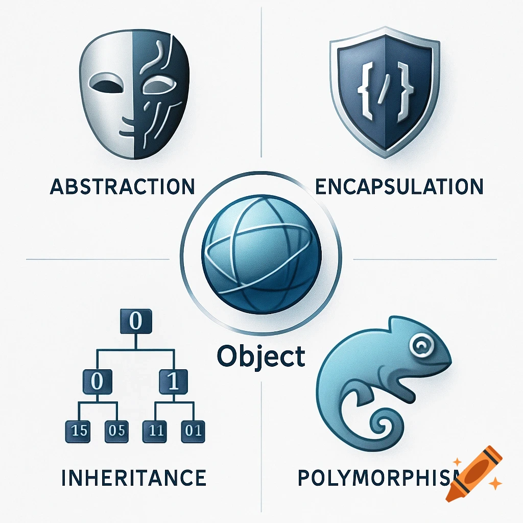 An infographic illustrating Object-Oriented Programming concepts: Abstraction, Encapsulation ...