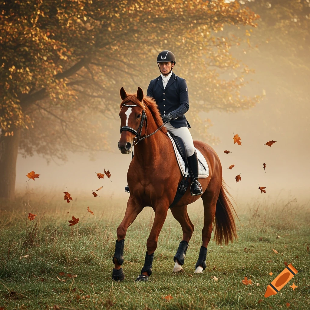 A person in equestrian attire rides a brown horse through a misty ...