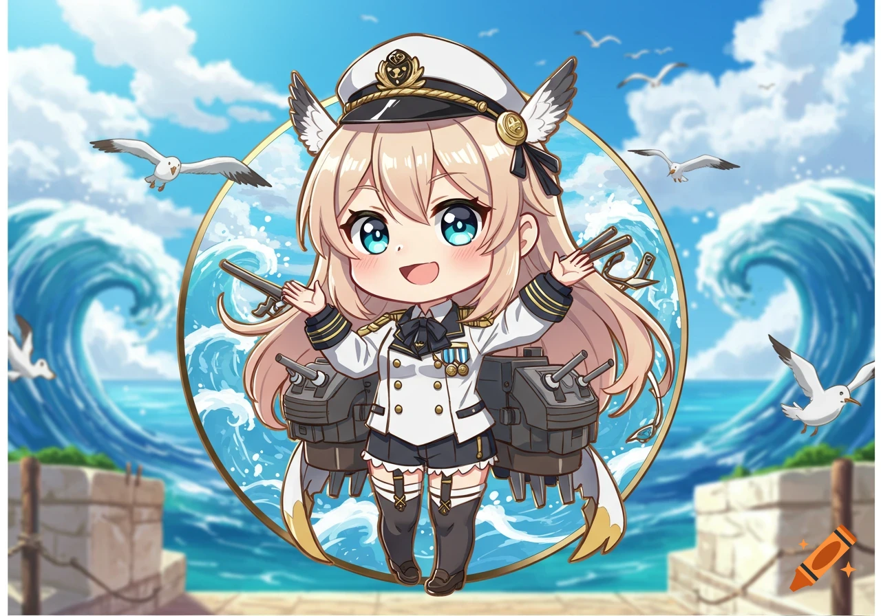Chibi anime girl in a white naval uniform with battleship turrets on ...
