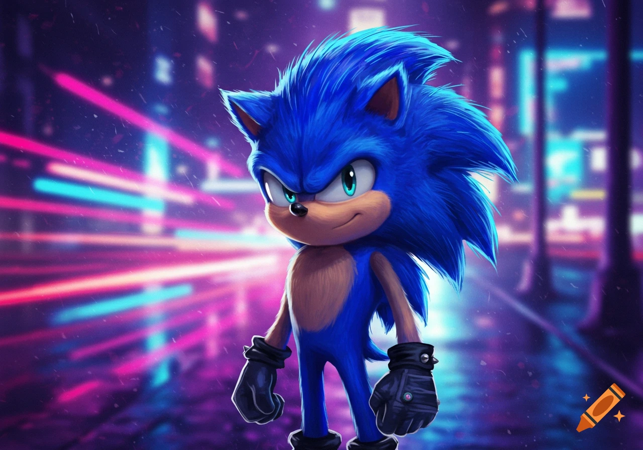 Sonic the Hedgehog runs at super speed, leaving a blue lightning trail ...