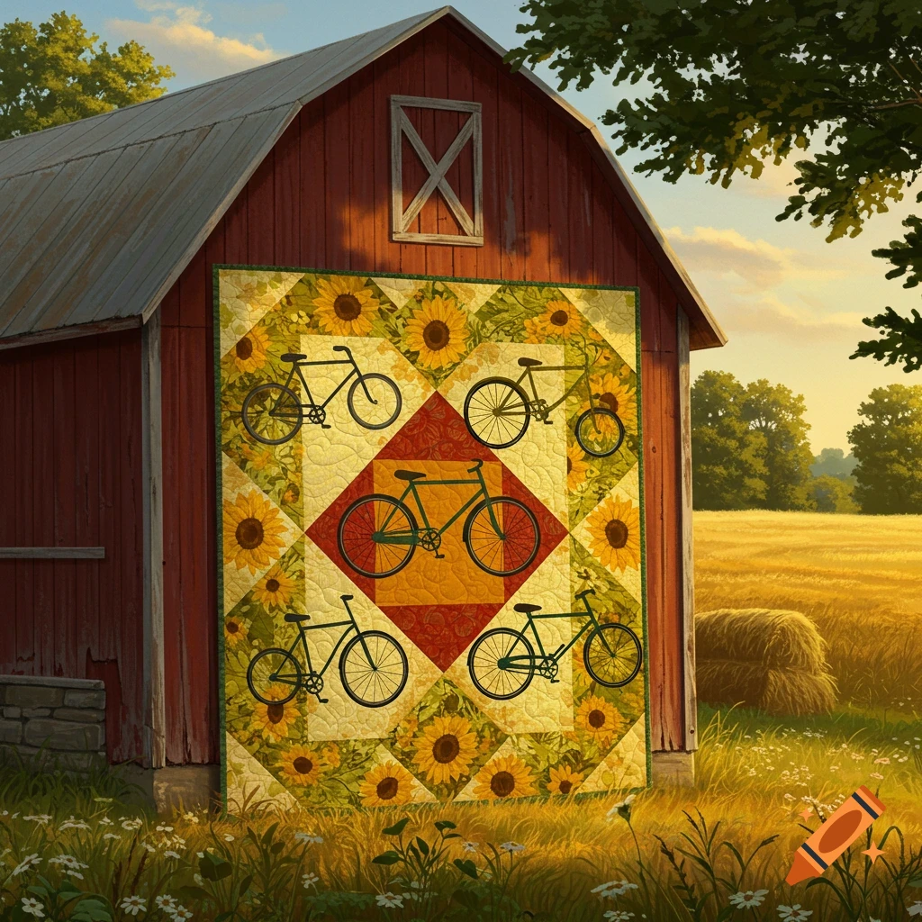 A colorful quilt with bicycle and sunflower patterns hangs on the side ...