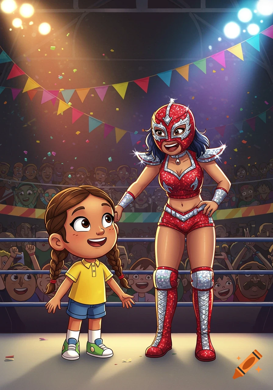 A cartoon young girl with braided hair looks up at a female masked wrestler in a red and silver ...