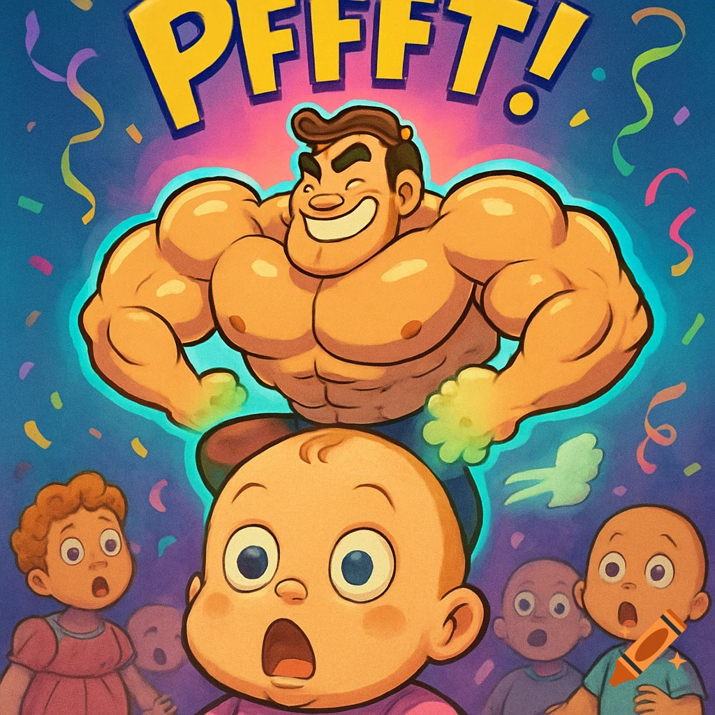 Cartoon muscular man farting over shocked baby dolls with 'PFFFT!' text ...