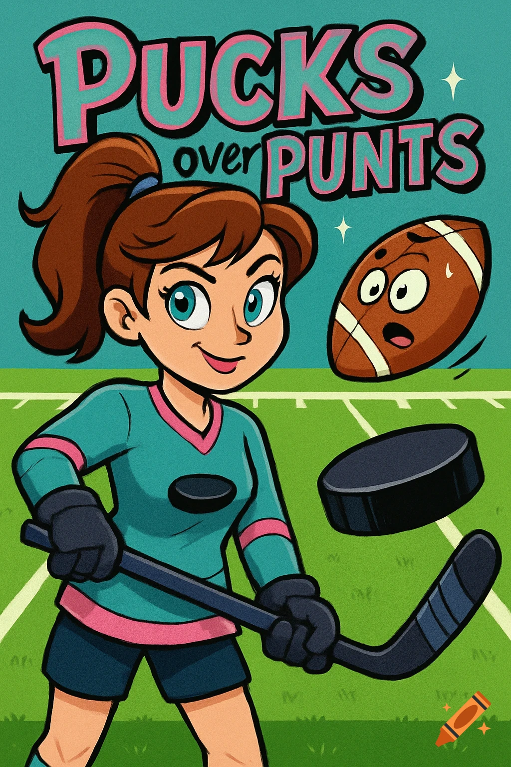 Cartoon girl in hockey gear on a football field with a puck, a ...