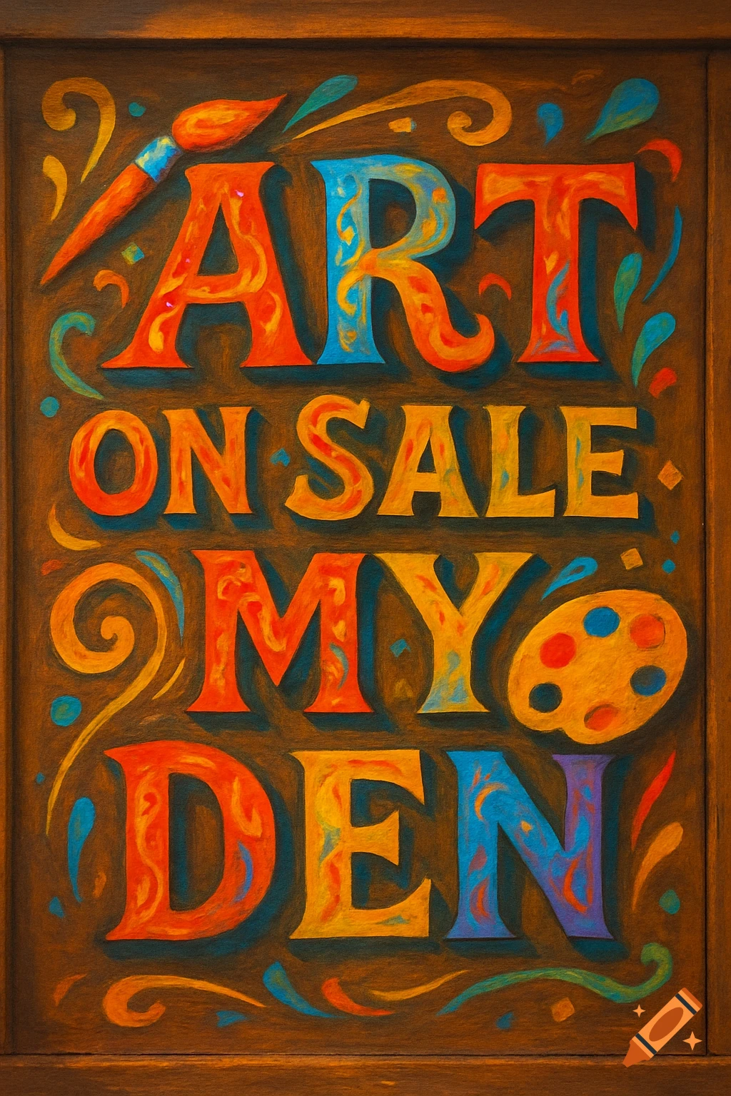 A colorful, decorative wooden sign with the text "ART ON SALE MY DEN ...