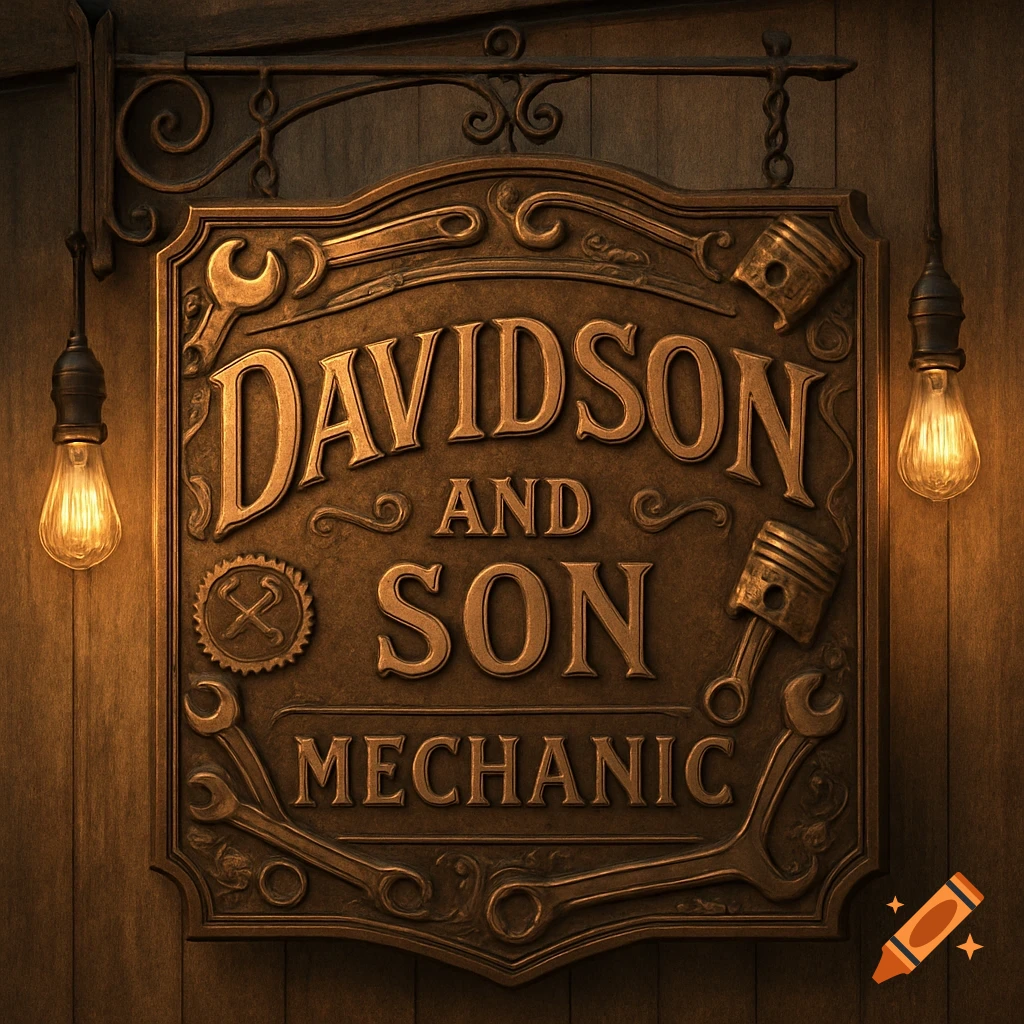 An ornate bronze vintage-style sign for "Davidson and Son Mechanic ...