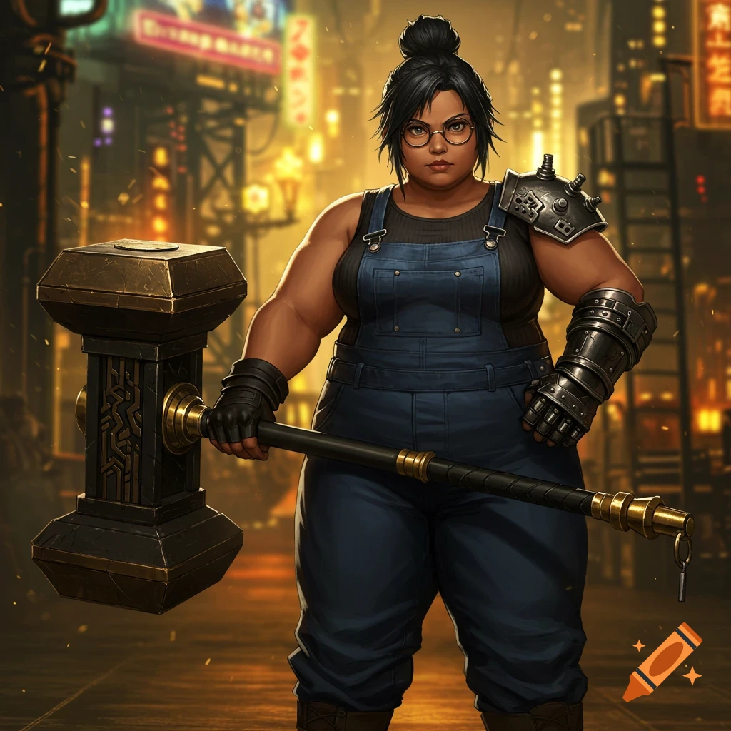A strong, plus-sized woman with a bun, glasses, and a gauntlet, holding a large hammer, stands ...