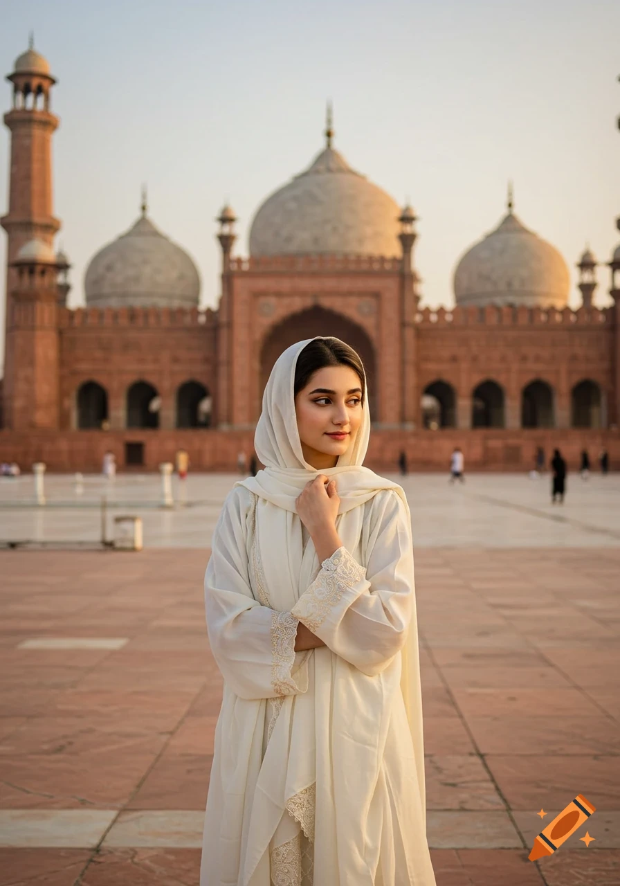 A fair-skinned Pakistani woman in a white hijab and abaya, standing ...