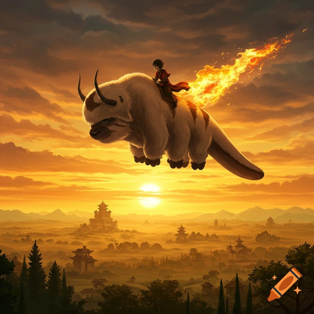 Zuko riding a large white flying bison, Appa, with a fiery trail behind ...