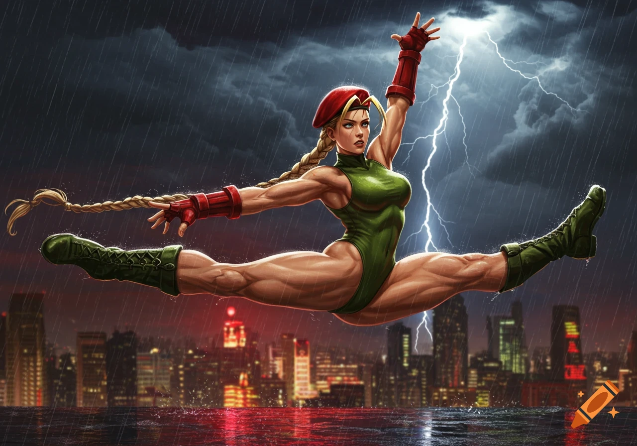 Cammy White from Street Fighter performs a mid-air split above a rainy ...