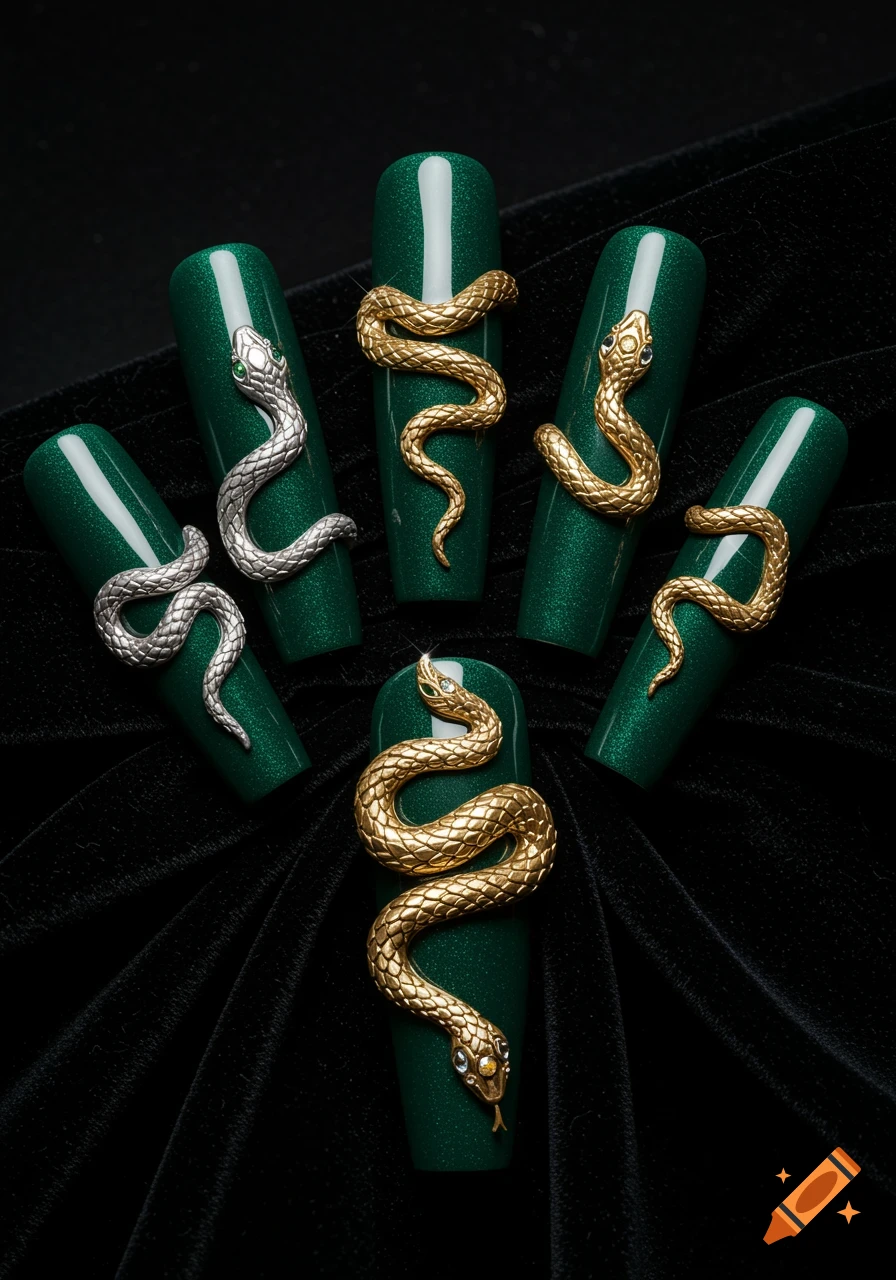 Six dark green gel nails adorned with silver and gold snake designs ...
