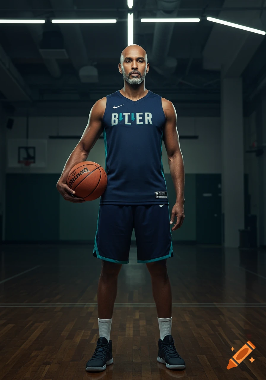 A bald, grey-bearded man in a dark blue basketball jersey and shorts ...