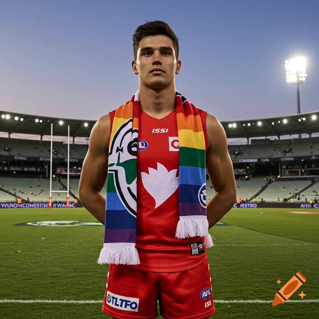 An illustrated young man in a red AFL uniform and a rainbow pride scarf ...