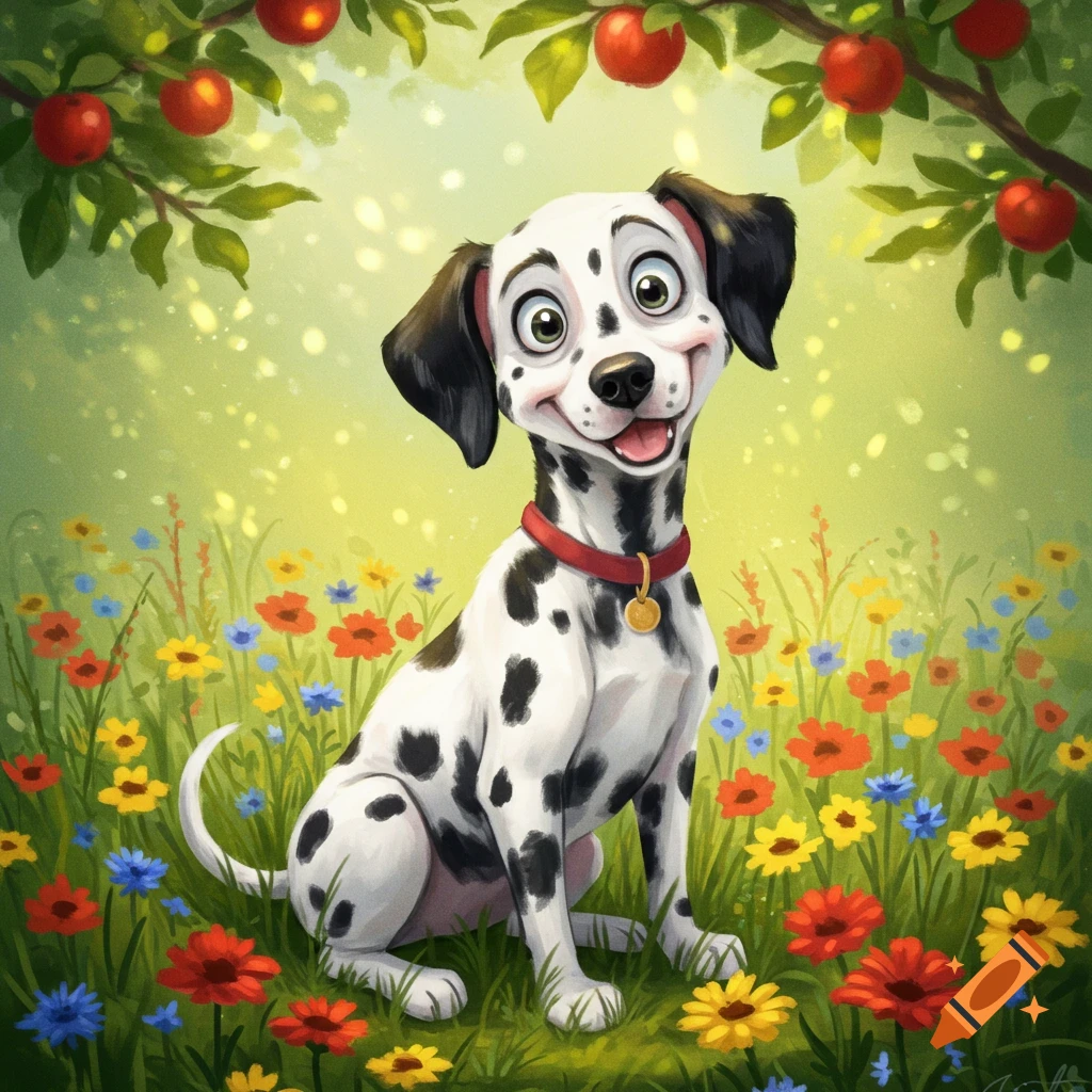 A happy cartoon dalmatian puppy sits in a field of colorful wildflowers ...