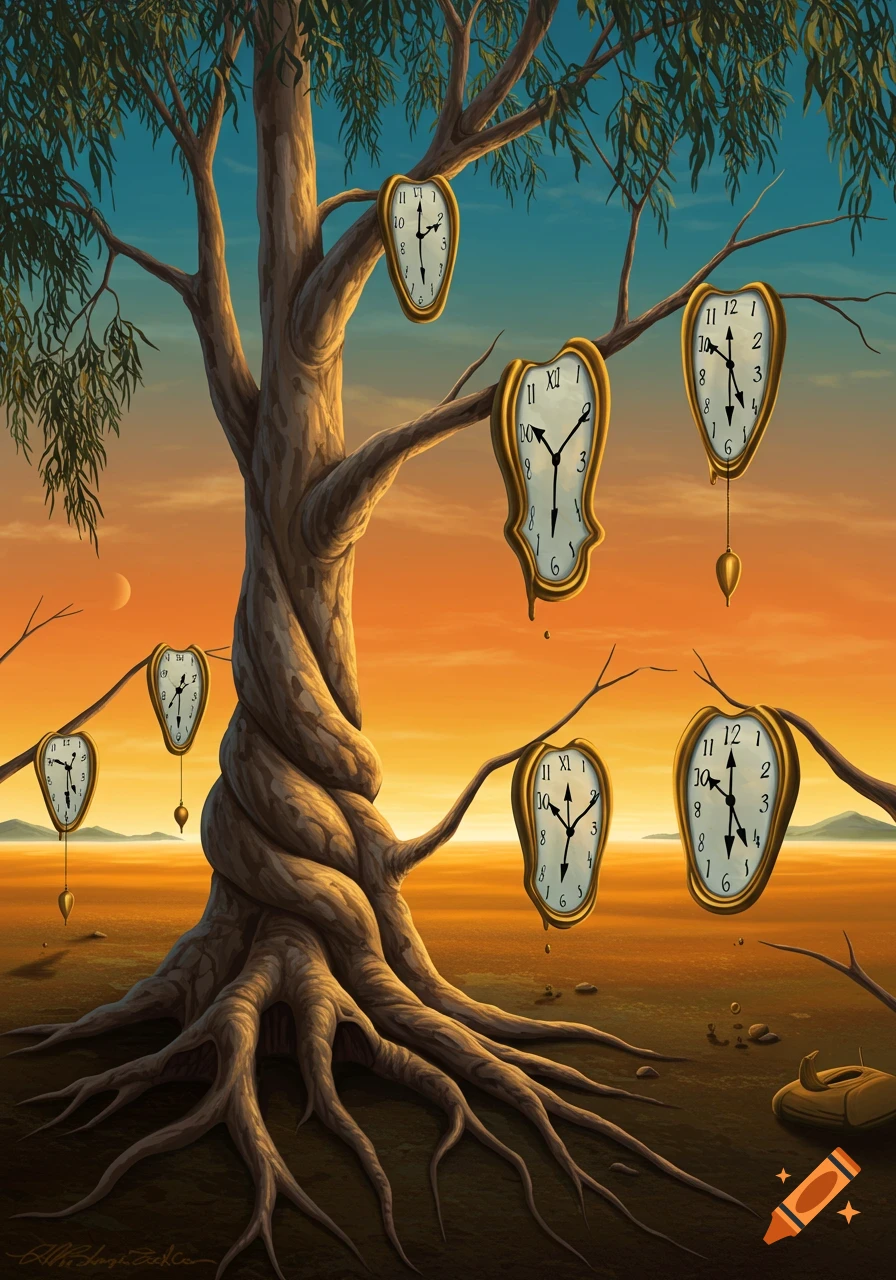 A surreal painting of a large tree with melting clocks hanging from its ...