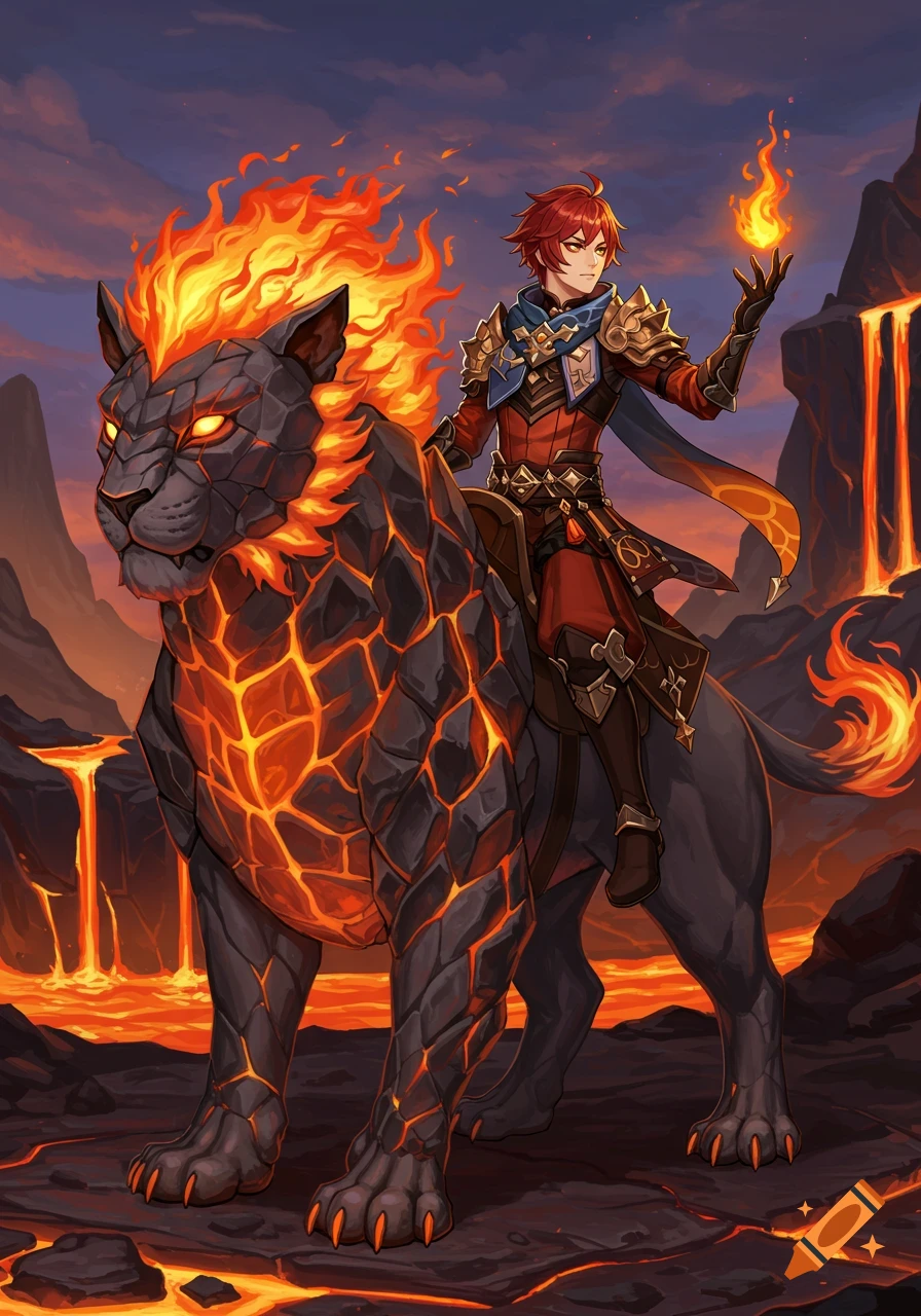 Anime-style fantasy character with red hair rides a fiery lava-lion ...