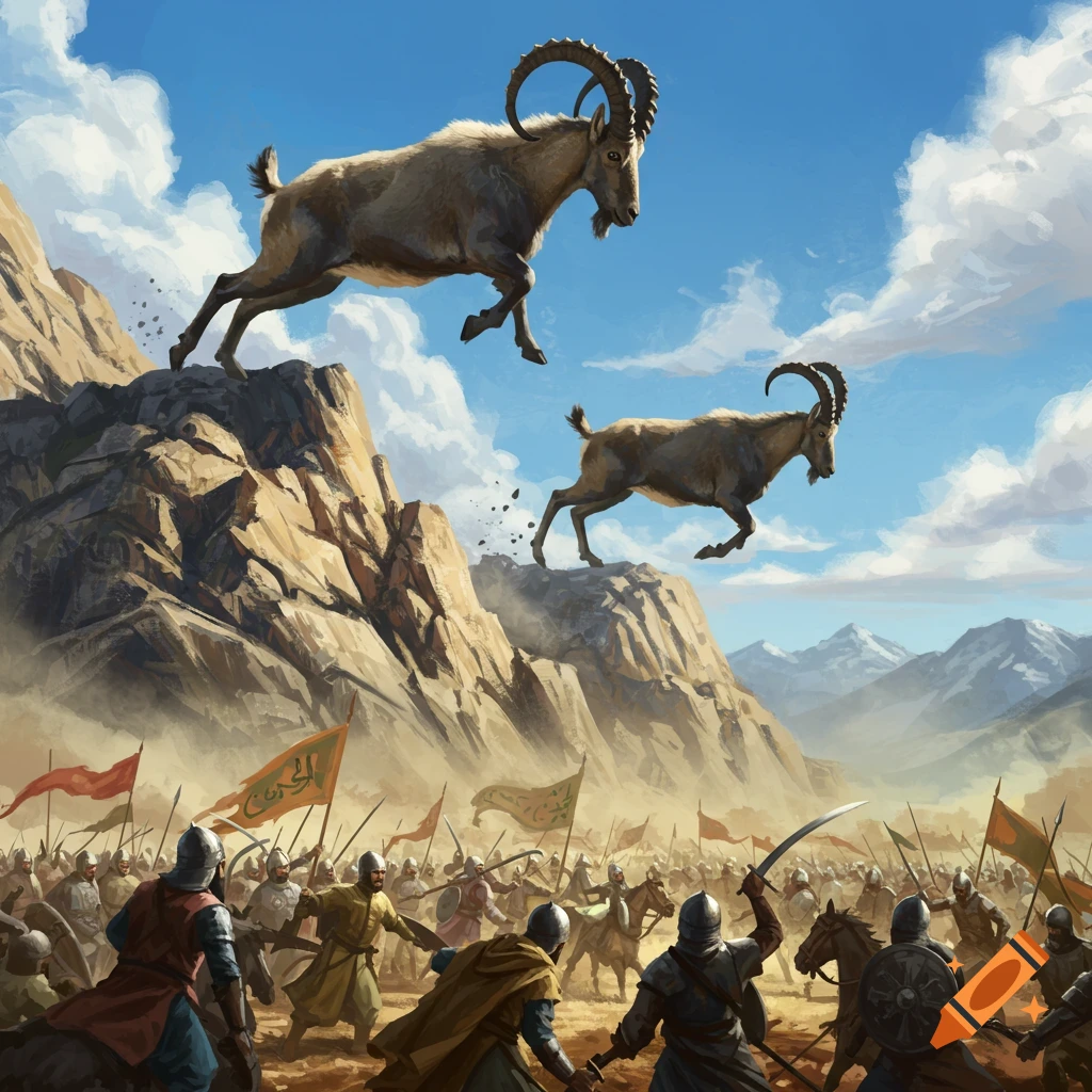 Two mountain goats leap down a rocky peak above a desert battlefield ...