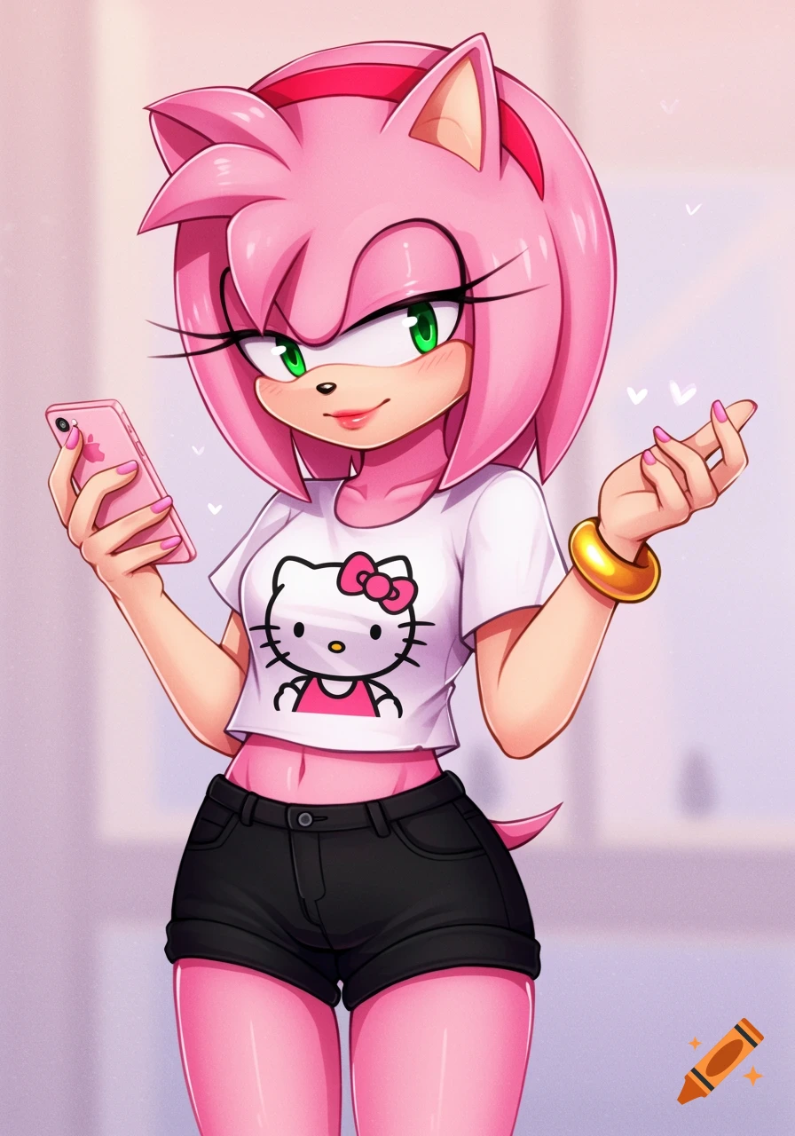 Amy Rose, a pink hedgehog, sits on Sonic the Hedgehog's lap while doing her makeup. She wears a ...