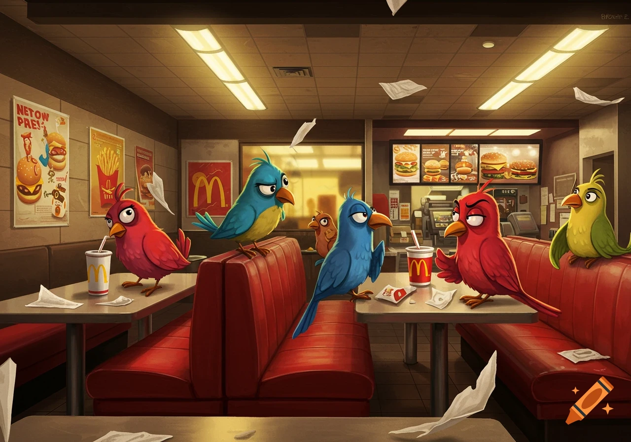 Cartoon red, blue, and yellow birds resembling Angry Birds characters ...