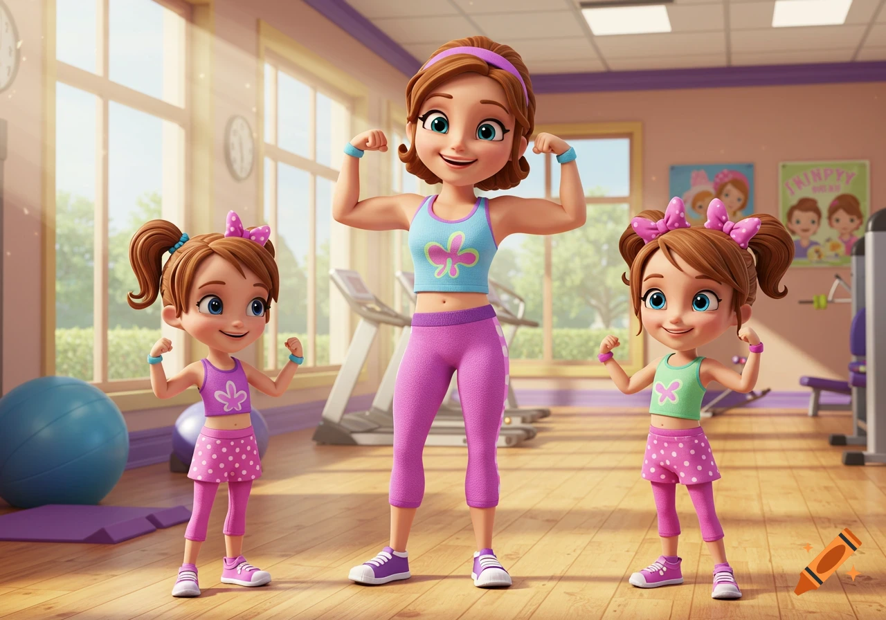 A cartoon mother and her two daughters flex their muscles in a sunny ...