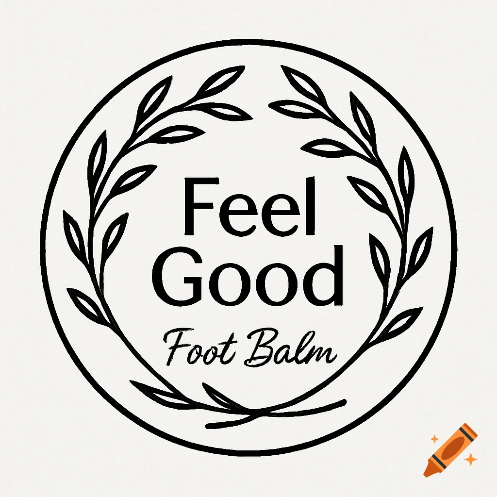 Black and white circular logo for 'Feel Good Foot Balm' with a leafy ...