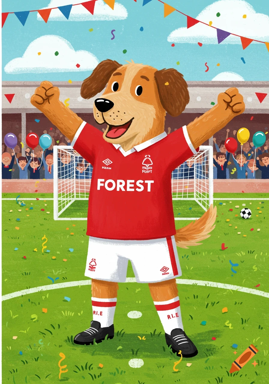 A cartoon dog wearing a red and white Nottingham Forest football kit ...