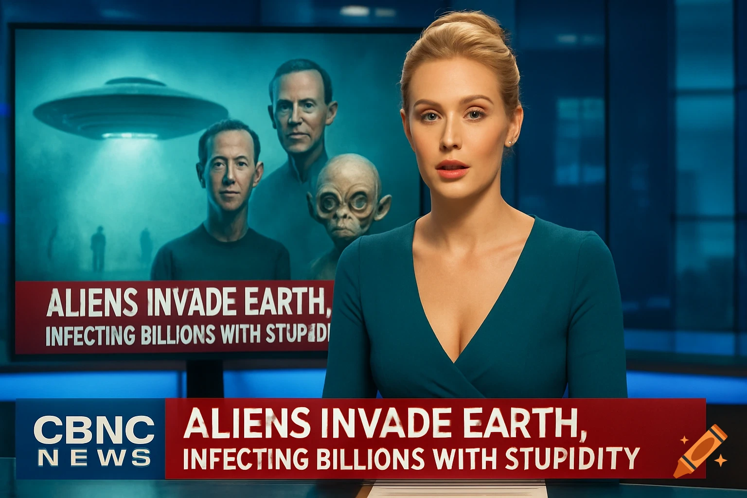 Photorealistic image of a blonde news anchor on CBNC News reporting on ...