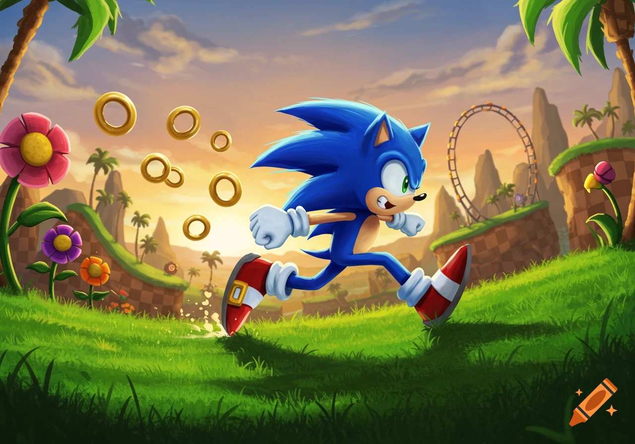 Sonic the Hedgehog runs through a vibrant Green Hill Zone-like ...