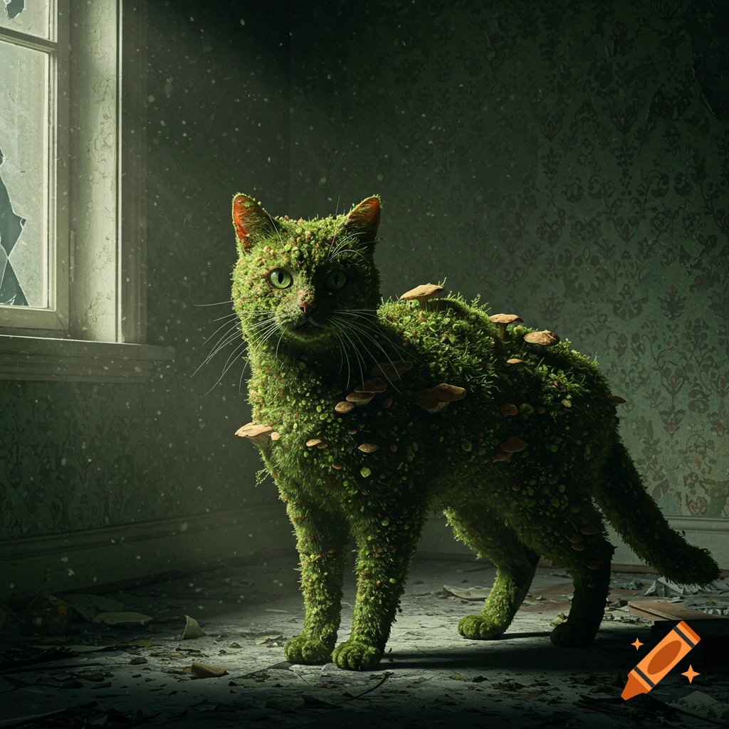 A photorealistic cat covered in green moss and brown mushrooms stands ...