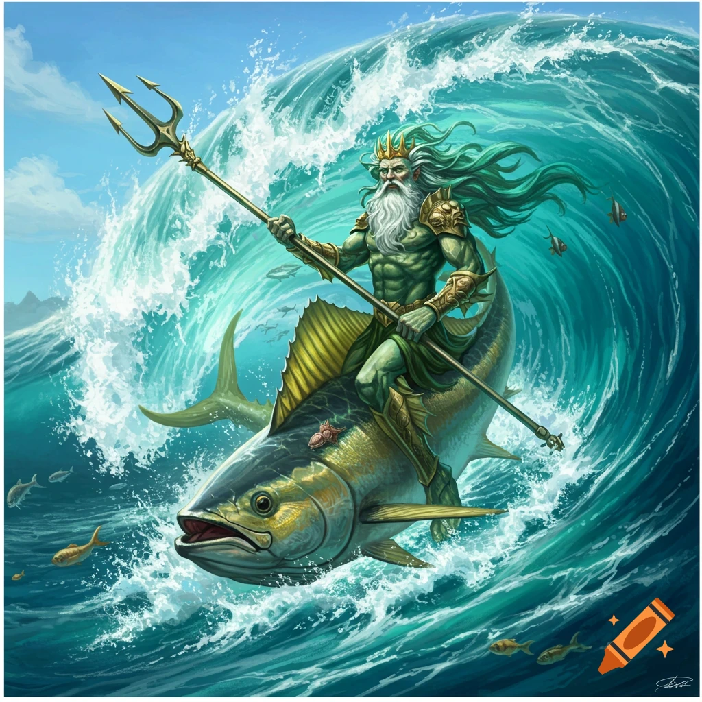Detailed illustration of King Neptune with a trident, riding a ...