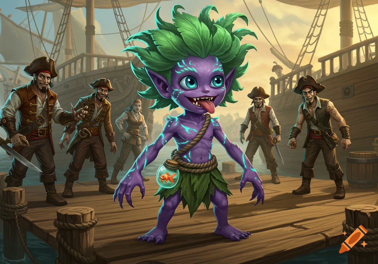 A mischievous purple creature with green hair and a goldfish in a jar ...