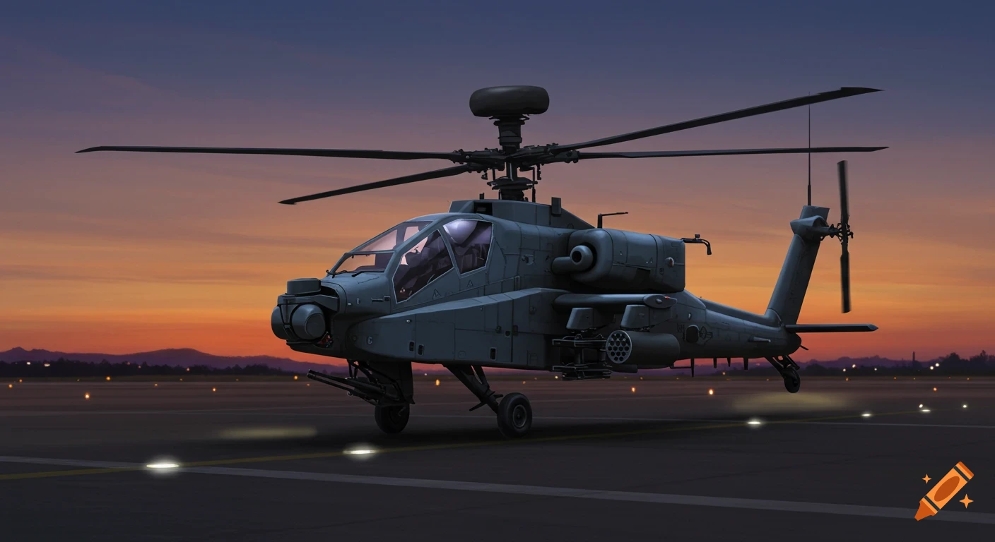 A detailed AH-64 Apache attack helicopter with a custom paint job sits ...