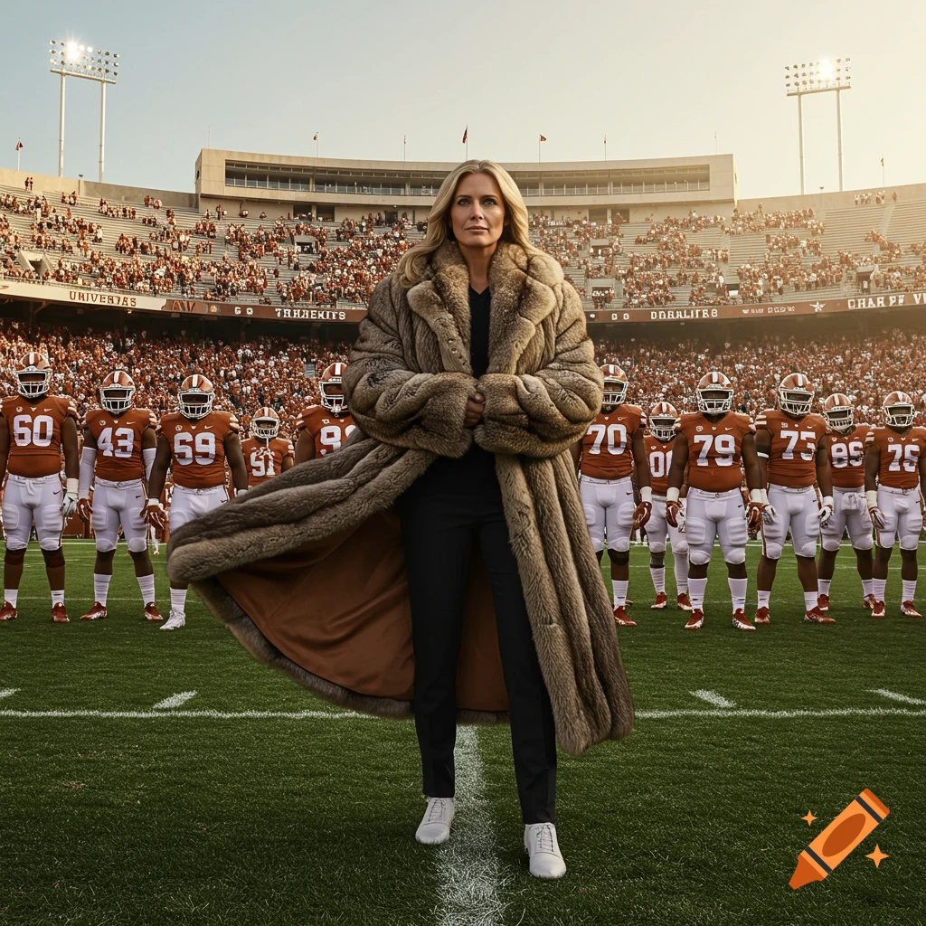 A woman in a long fur coat stands on a football field with football ...