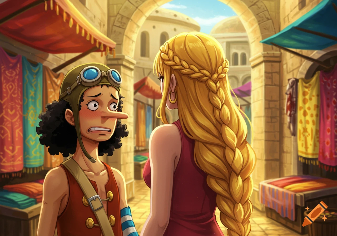 Anime image of Usopp from One Piece, blushing nervously, facing a ...
