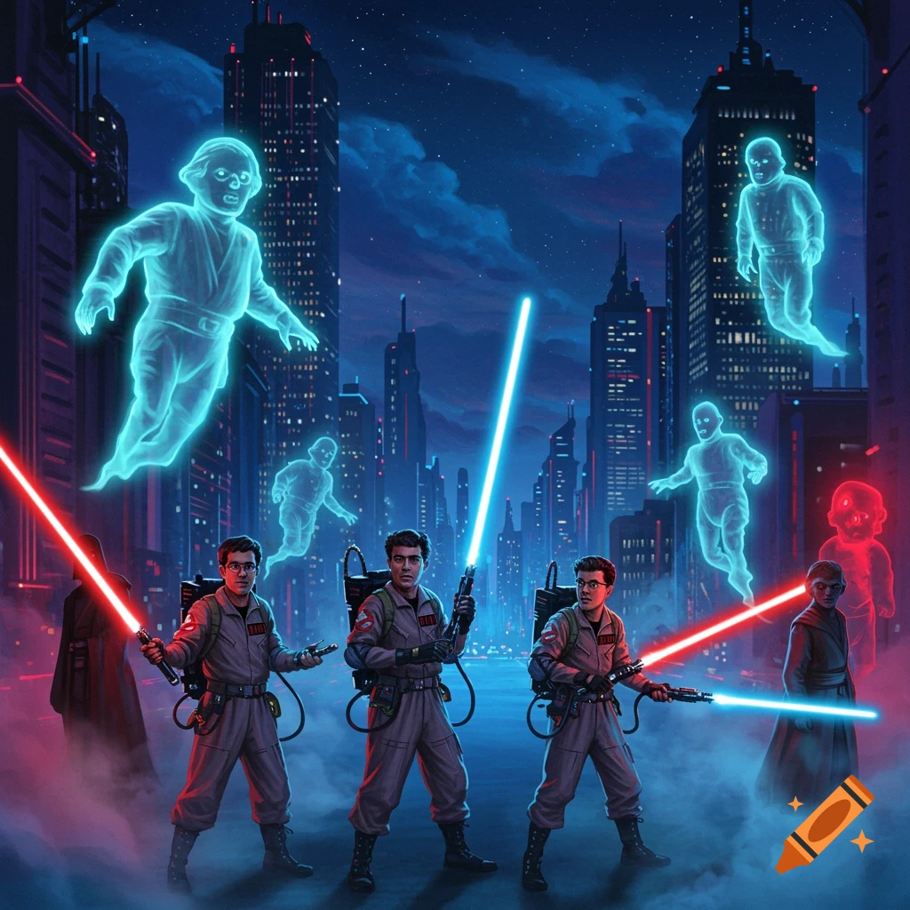 Three Ghostbusters wield lightsabers, facing glowing blue and red force ...