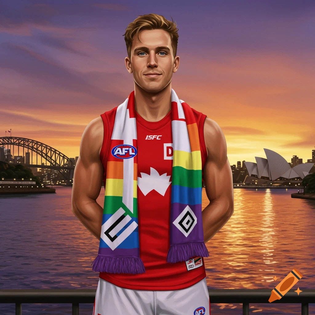 An illustrated young man in a red AFL uniform and a rainbow pride scarf ...