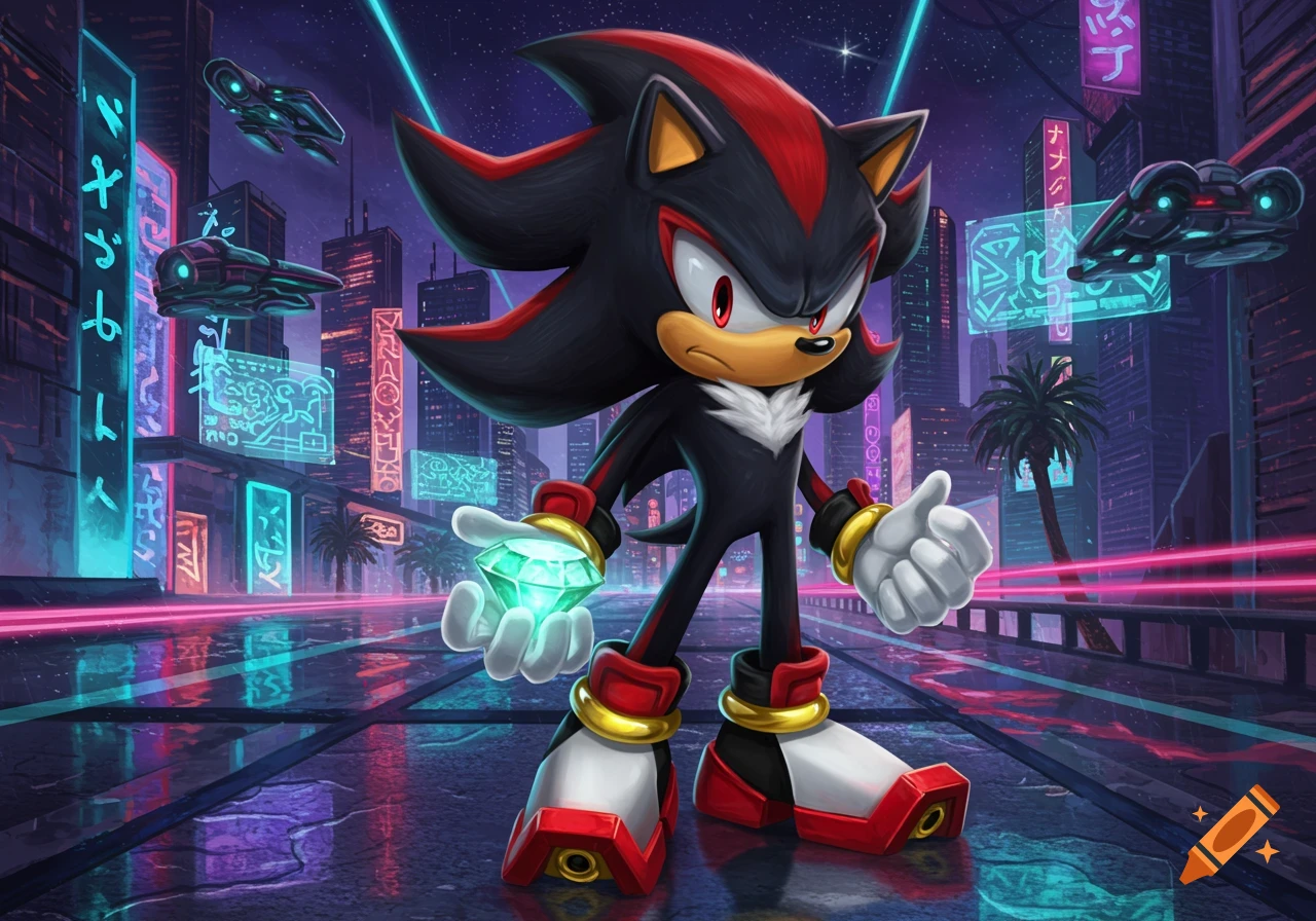 Shadow the Hedgehog stands in a neon-lit cyberpunk city, holding a ...