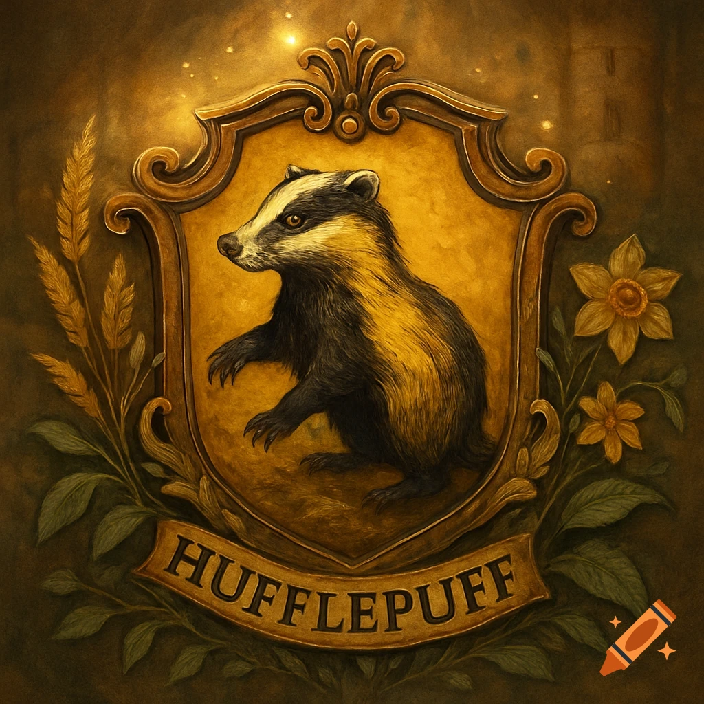 A detailed gold and brown Hufflepuff crest with a badger, wheat stalks, and flowers, featuring ...