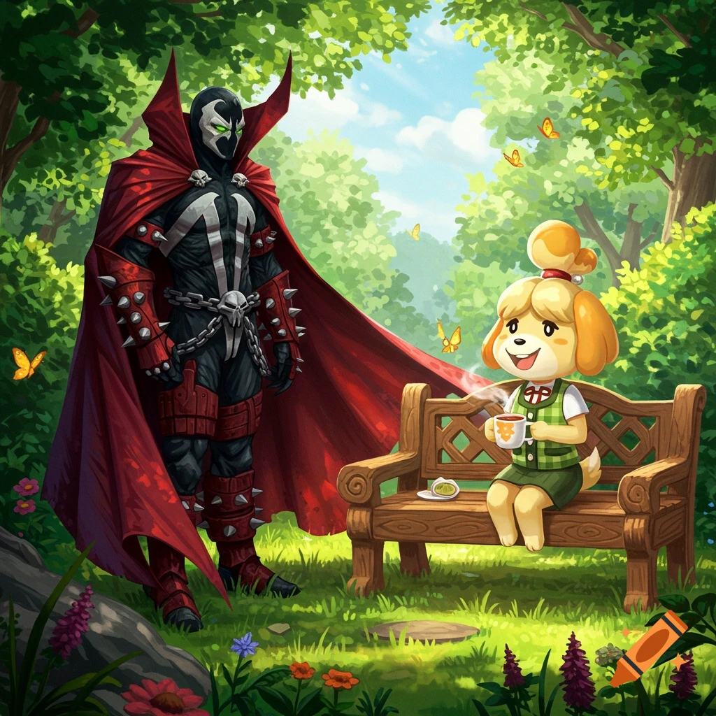 Spawn and Isabelle from Animal Crossing sitting on a bench in a vibrant ...