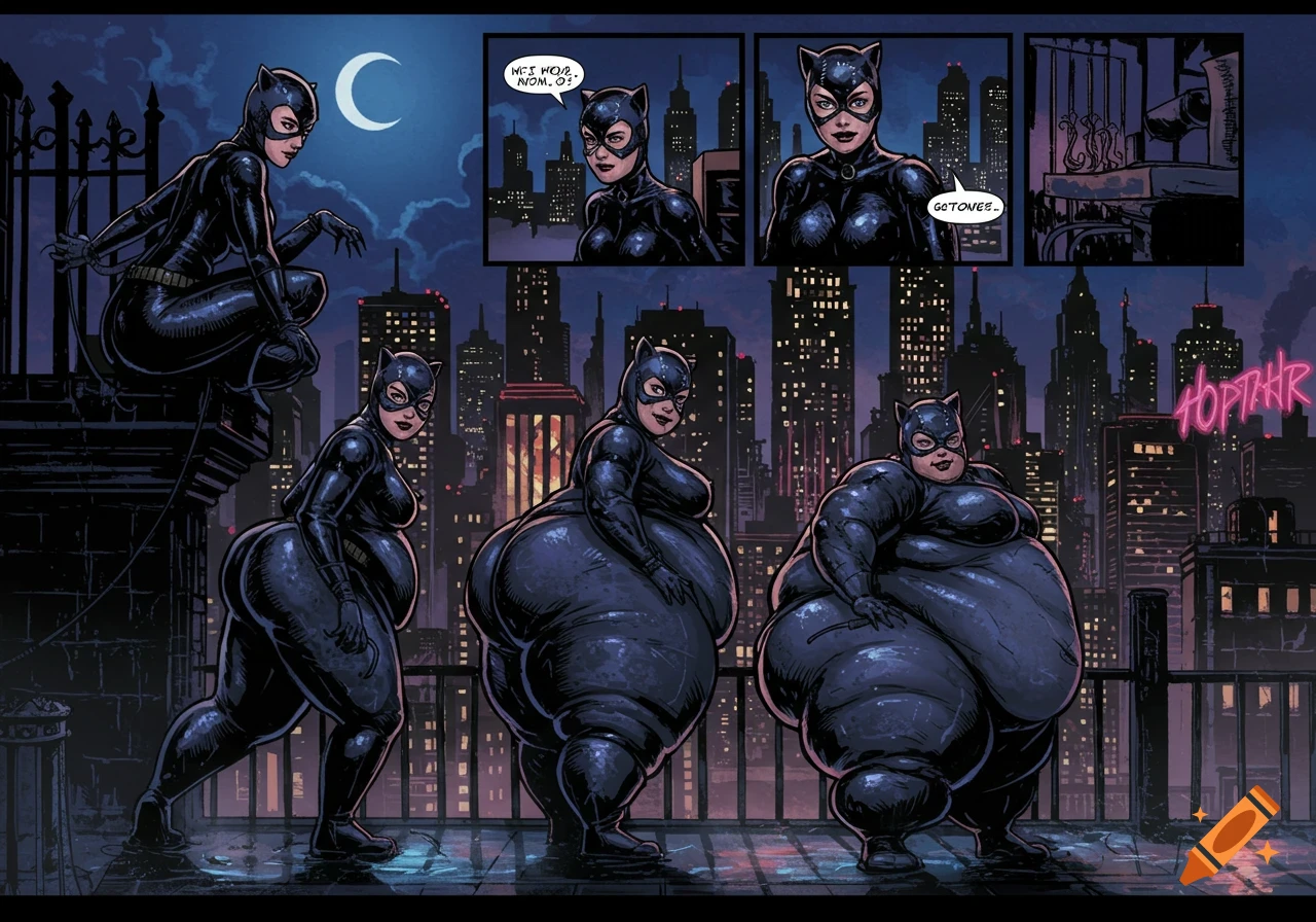 A comic strip shows Catwoman in her black suit on a rooftop ...