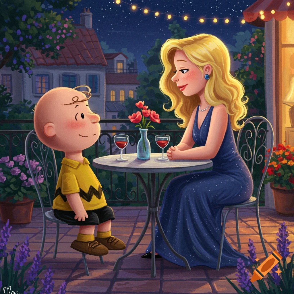 Charlie Brown on a date with a blonde woman on a romantic balcony at ...